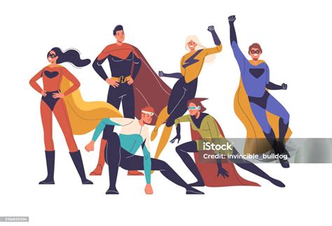 Group Of Six Diverse Superheroes In Dynamic Poses Showcasing Teamwork