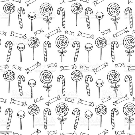 윤곽 사탕 지팡이 과자 롤리팝과 매끄러운 패턴 손으로 그릴 맛있는 휴일 배경과 질감 인사말 카드 커버 포장지 직물 인쇄 색칠 공부 0명에 대한 스톡 벡터 아트 및 기타
