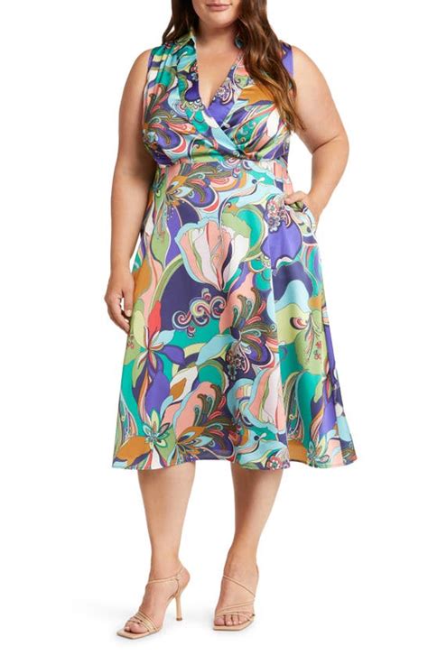 Tahari Print Sleeveless Tie Back Satin Midi Dress In Multi Modesens