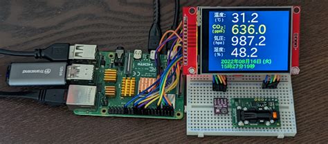 Raspbery Pi 4bとscd30、bme280センサでco2濃度、気圧、気温、湿度の測定、spi接続28インチtft液晶に表示