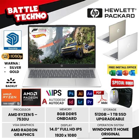 Jual LAPTOP GAMING TERBARU HP 14 AMD RYZEN 5 7530U 8GB 1TB SSD FHD IPS WIN11HOME OHS SILVER