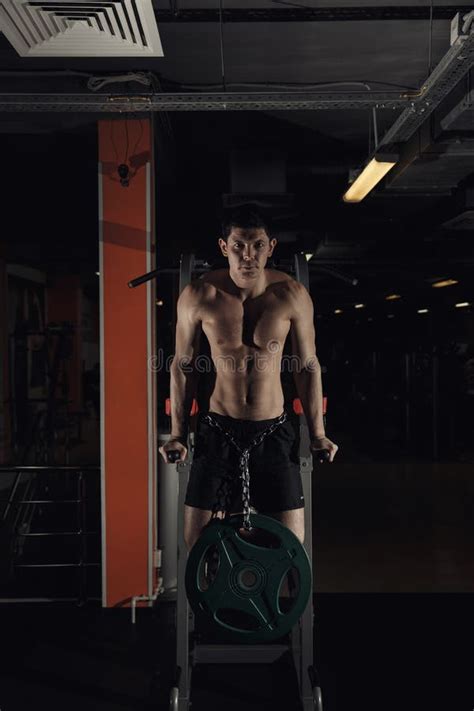 Muscular Bodybuilder Working Out In Gym Doing Exercises On Parallel