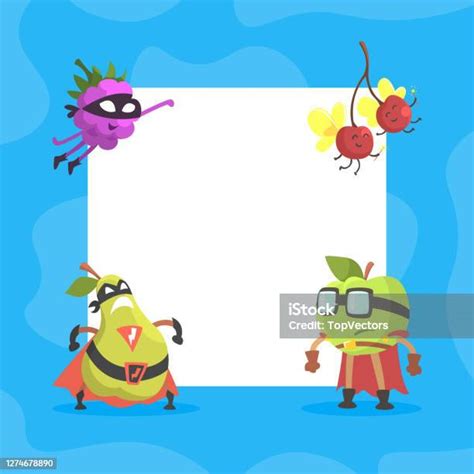 빈 배너와 재미 과일 캐릭터 슈퍼 히어로 의상 만화 벡터 일러스트에 옷을 입고 귀여운 과일 슈퍼히어로에 대한 스톡 벡터 아트 및 기타 이미지 Istock