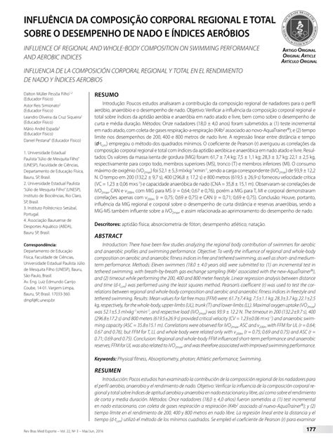 Pdf Influence Of Regional And Whole Body Composition On Swimming Performance And Aerobic Indices