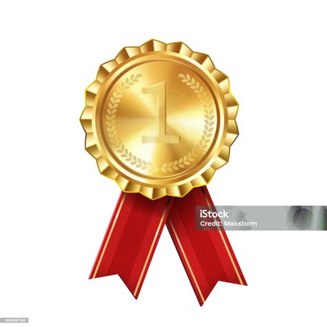 빨간 리본이 새겨진 사실적인 금상 메달 1 우승자 및 업적을 위한 프리미엄 배지 한 손가락에 대한 스톡 벡터 아트 및 기타