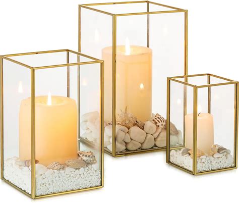 Nuptio Hurricane Glass Candle Holders 3pcs Gold Lanterns Candle Holder