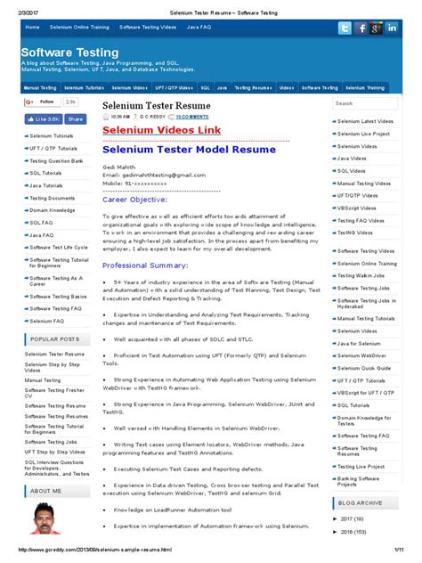 selenium tester resume software testing pdf selenium software