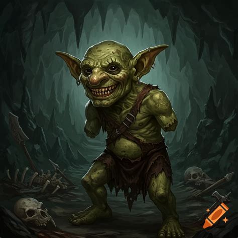 A Creepy Green Goblin With Glowing Red Eyes And Sharp Teeth Perches On