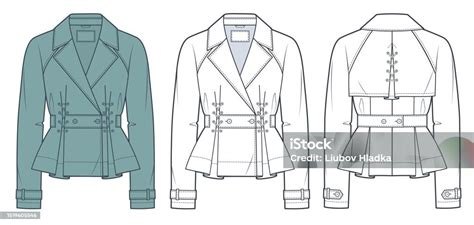 크롭 트렌치 코트 테크니컬 패션 일러스트레이션 래글런 슬리브 재킷 패션 플랫 기술 도면 템플릿 앞면과 뒷면보기 레이스 업 화이트 그린 여성 Cad 모형 세트 0명에 대한