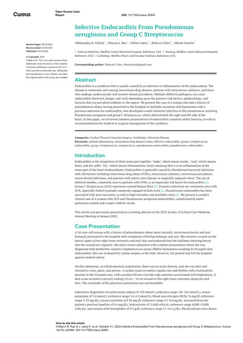Pdf Infective Endocarditis From Pseudomonas Aeruginosa And Group C Streptococcus
