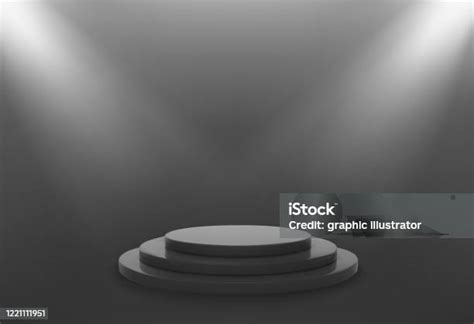 현실적인 검은 무대 연단입니다 라운드 우승자 받침대 스포트라이트가 있는 조명이 켜집니다 3d 빈 플랫폼 벡터 일루미네이션 0명에 대한 스톡 벡터 아트 및 기타 이미지