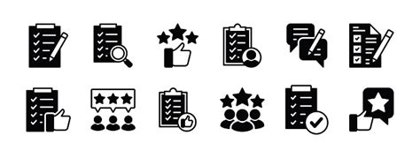 평가 플랫 아이콘 세트입니다 체크리스트 피드백 확인 확인 엄지 손가락 평가 별표 검사 확인 표시 진드기 의견 연구 검토 만족도 결과 검사를 포함합니다 벡터 일러스트 레이 션