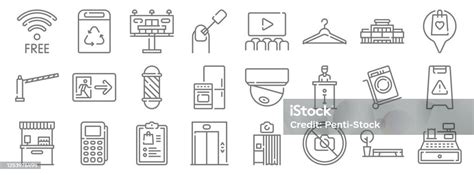 쇼핑몰 라인 아이콘 선형 집합입니다 점원 사진 없음 엘리베이터 카운터 트롤리 카트 이발소 위치 영화관 휴지통 과 같은 품질 벡터 라인 세트 계산원에 대한 스톡 벡터 아트 및