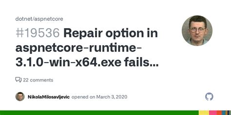 repair option in aspnetcore runtime 3 1 0 win x64 exe fails with
