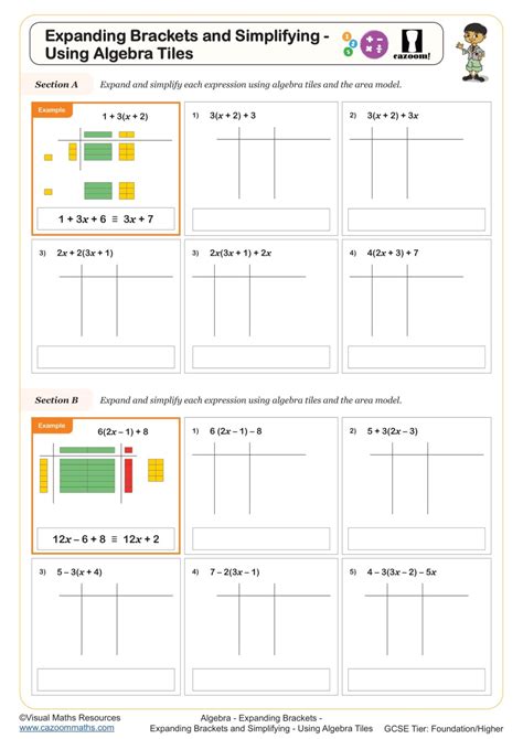 Expanding Brackets And Simplifying Using Algebra Tiles Worksheet