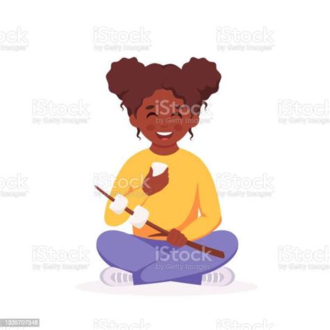 마시멜로를 가진 검은 소녀 걸 스카우트 캠핑 여름 키즈 캠프 컨셉 벡터 일러스트레이션 캠핑에 대한 스톡 벡터 아트 및 기타