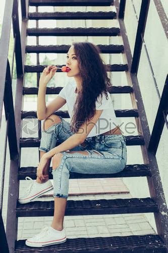 Sexy Woman Sucks Lollipop Portrait Young Beautiful Model On The Stock