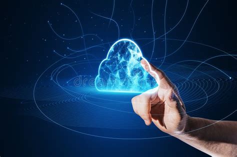 Close Up Of Male Hand Pointing At Digital Polygonal Cloud With Lines On Background Cloud