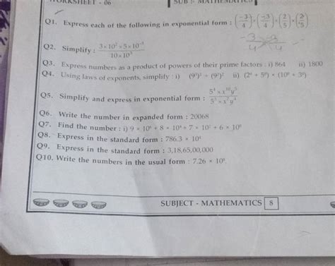 Q1 Express Each Of The Following In Exponential Form 4−3 × 4−3 × 52