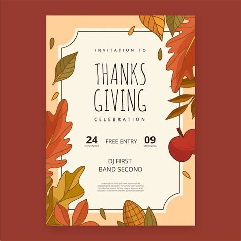 손으로 그린 추수 감사절 초대장 템플릿 무료 벡터