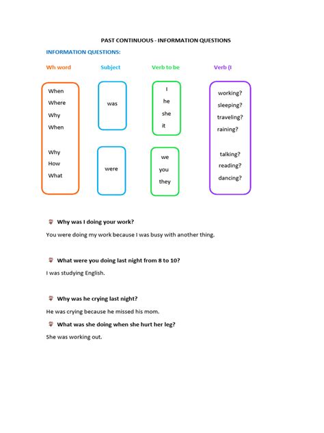 Past Continuous Information Questions Pdf Subject Grammar Verb