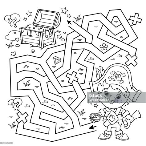 미로 또는 미로 게임 수수께끼 얽힌 도로 보물 상자만화 작은 해적의 색칠 페이지 개요 아이들을위한 색칠 공부책 해적에 대한 스톡