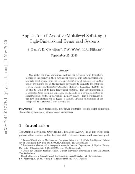Pdf Application Of Adaptive Multilevel Splitting To High Dimensional Dynamical Systems