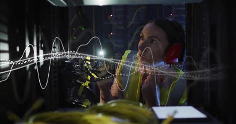 image of digital data processing over it caucasian female technician