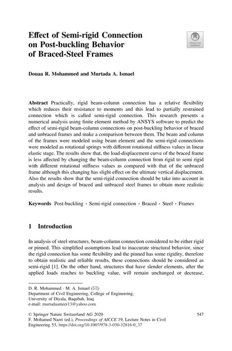 Pdf Effect Of Semi Rigid Connection On Post Buckling Behavior Of Braced Steel Frames