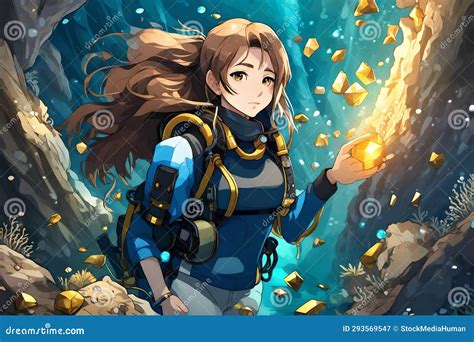 Young Anime Girl Diving Exploring Treasure Filled Cave Stock