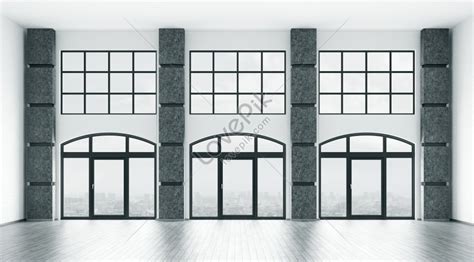 대형 창문과 나무 바닥이 있는 추상적인 빈 내부의 3d 렌더링 사진 무료 다운로드 Lovepik