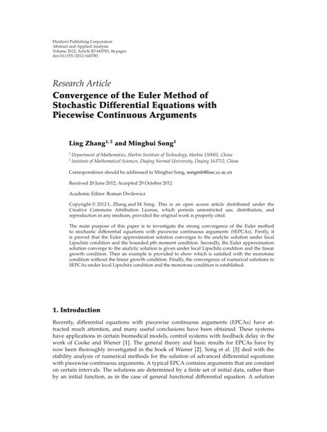 Pdf Convergence Of The Euler Method Of Stochastic Differential Equations With Piecewise