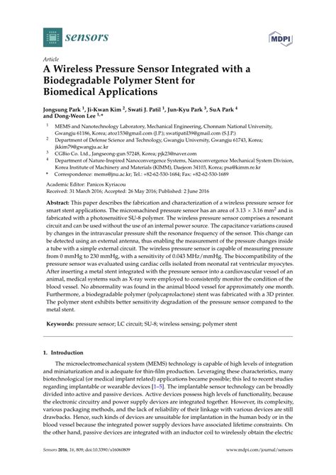 Pdf A Wireless Pressure Sensor Integrated With A Biodegradable Polymer Stent For Biomedical