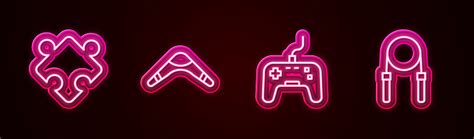 세트 라인 퍼즐 조각 장난감 부메랑 게임 패드 및 줄넘기 빛나는 네온 아이콘입니다 벡터 0명에 대한 스톡 벡터 아트 및 기타 이미지 Istock