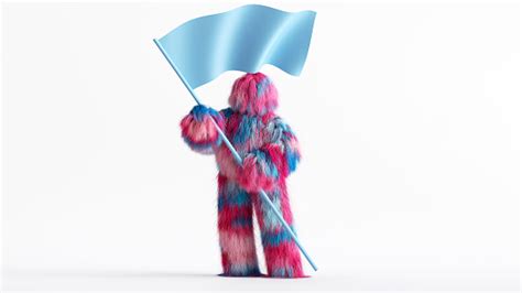 3d 렌더링 화려한 털이 많은 예티 만화 캐릭터는 물결 모양의 깃발 재미있는 모피 장난감 흰색 배경에 고립 된 모형을 보유하고 있습니다 항의 개념 Bigfoot에 대한 스톡