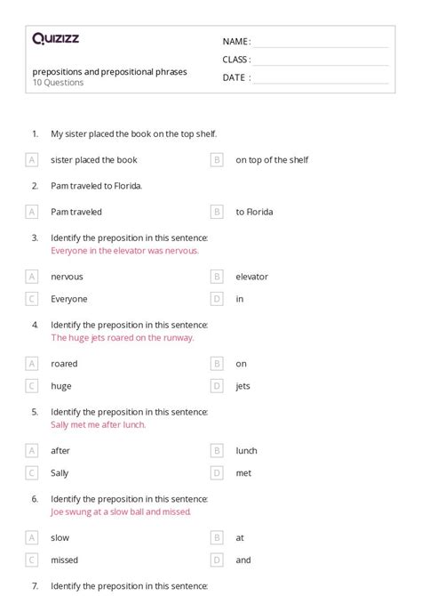 50 Prepositional Phrases Worksheets On Quizizz Free And Printable