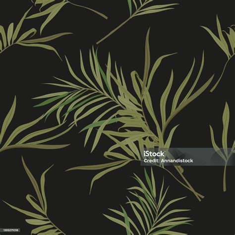 검은 색 패턴 정글 식물 배경 녹색 코코넛 잎 벡터 어두운 열대에 부드러운 열대 야자수 잎일러스트 끝없는 식물 나뭇잎 직물 섬유 포장디자인 0명에 대한 스톡 벡터 아트 및