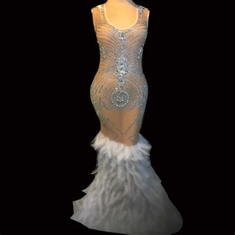 Sparkly Rhinestones Feathers See Through Sexy Long Dress Women Birthday