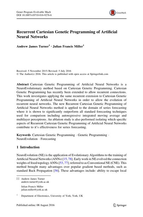 Pdf Recurrent Cartesian Genetic Programming Of Artificial Neural Networks