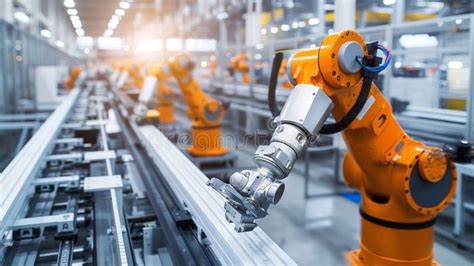 Robotics Factory With Automated Assembly Lines And Robots Programmed Stock Image Image Of