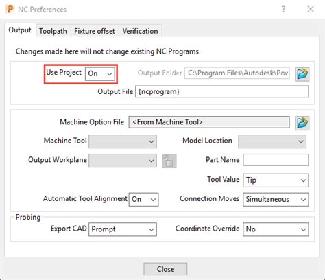 how to set the nc output location to the powermill project folder