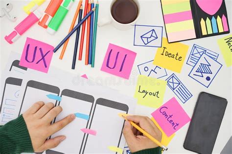 Creative Designers Designing Wireframe Sketch Layout Design Mockup On Smartphone Or Tablet