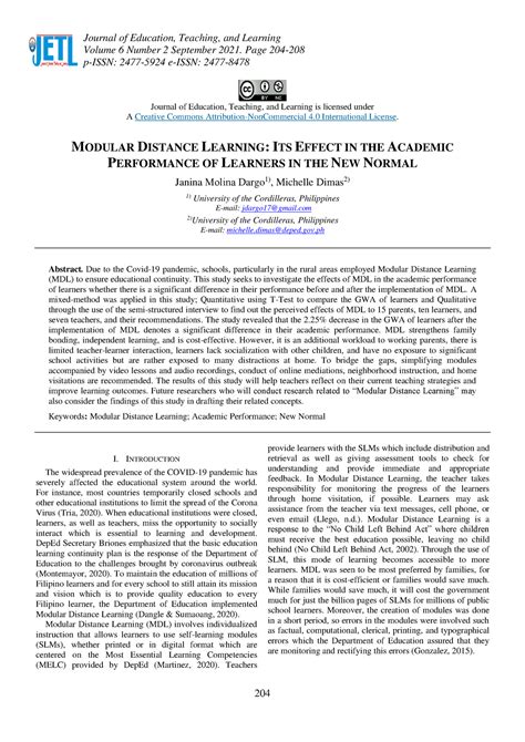 Modular Distance Learning Its Effect In The Academ Volume Number September Page