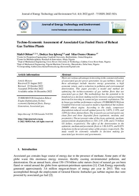 Pdf Techno Economic Assessment Of Associated Gas Fueled Fleets Of Reheat Gas Turbine Plants