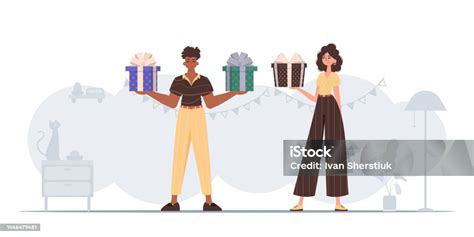 한 남자와 한 여자가 손에 선물 상자를 들고 있다 발렌타인 데이를위한 휴일 인사의 개념 가상현실에 대한 스톡 벡터 아트 및 기타