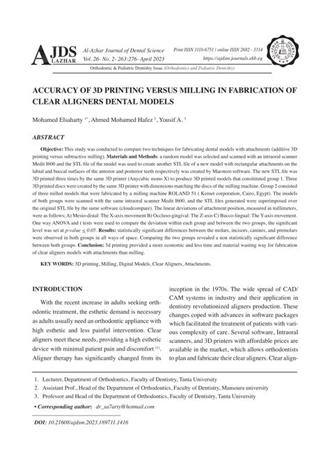 Pdf Accuracy Of 3d Printing Versus Milling In Fabrication Of Clear Aligners Dental Models
