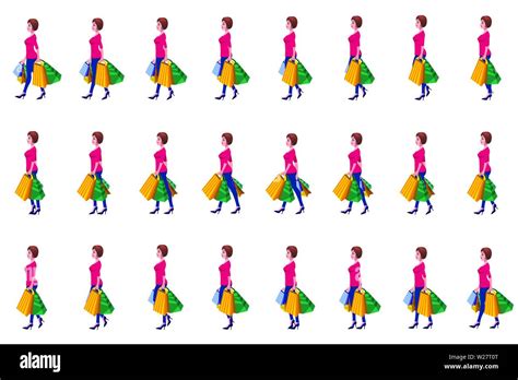 Shopping Woman Character Walk Cycle Animation Sequence Loop Animation Sprite Sheet Stock Vector