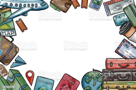 손으로 그리기 수채화 세계 여행 여름 방학 프레임 복사 공간 템플릿 배경 카드 포스터 엽서 배경 인쇄 초대에 사용 여행 주제에 대한 스톡 벡터 아트 및 기타 이미지 Istock