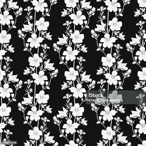야생화 손 도면 블랙 인그레이빙 그래픽 라인 아트 빈티지 매끄러운 패턴 흑백 검은색에 대한 스톡 벡터 아트 및 기타 이미지 검은색 그늘 꽃 식물 Istock