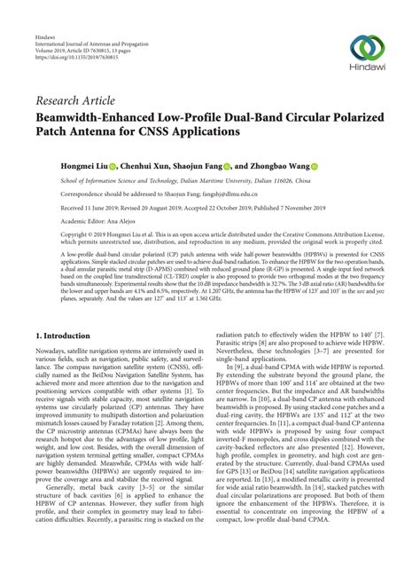 Pdf Beamwidth Enhanced Low Profile Dual Band Circular Polarized Patch Antenna For Cnss